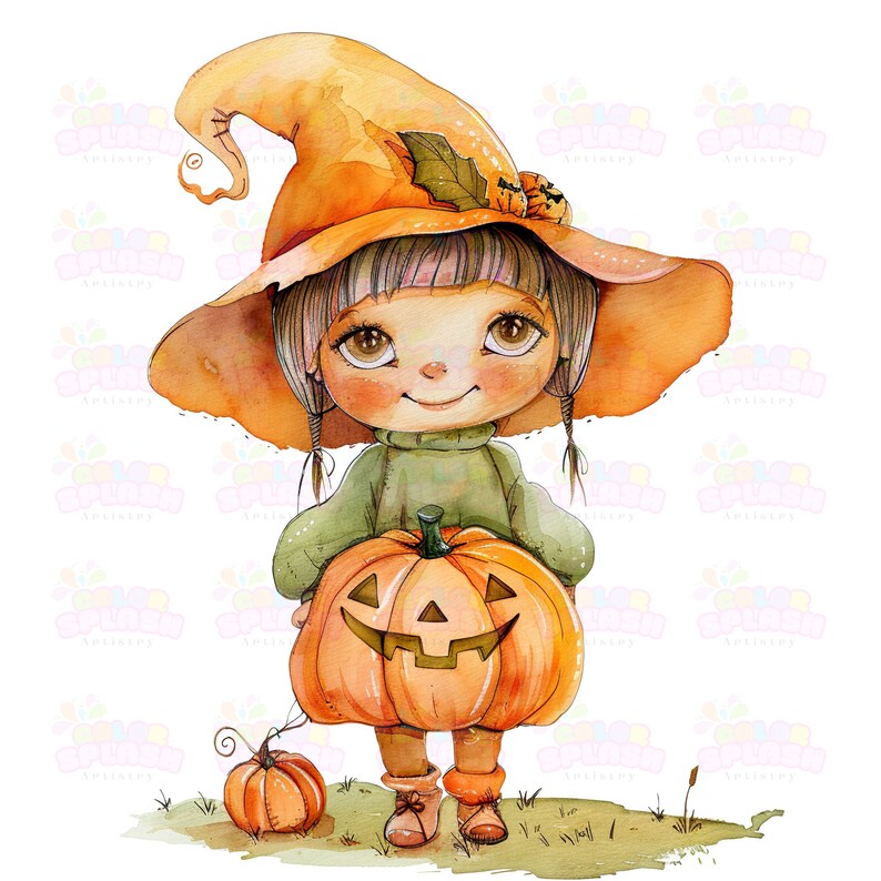 14 Cute Pumpkin Clipart, Watercolor Child Dressed as Pumpkin, Halloween ...