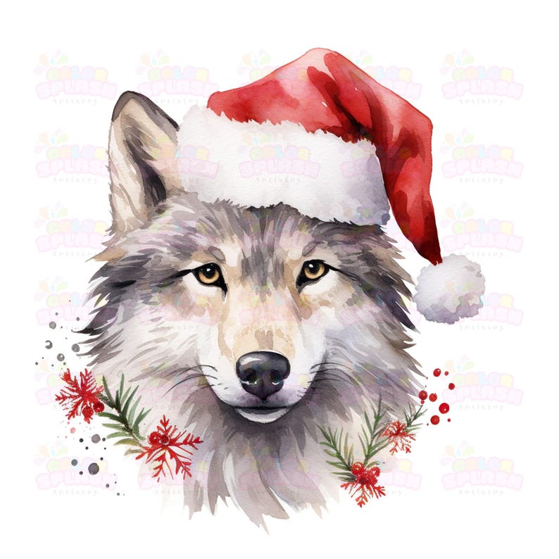 11 Cute Watercolor Christmas Wolf Wearing Santa Hat | Festive Wolf ...