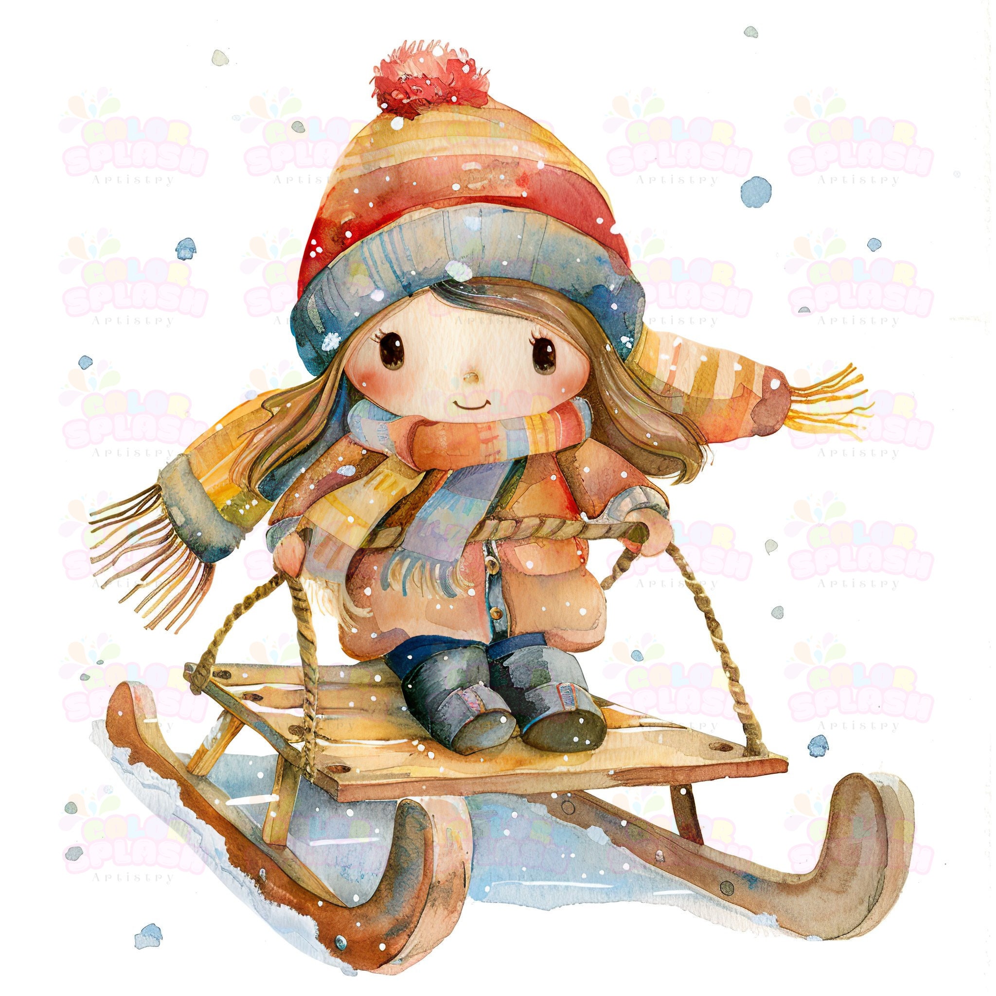 14 Cute Winter Girl on Wooden Sled Watercolor Illustration, Full Body ...