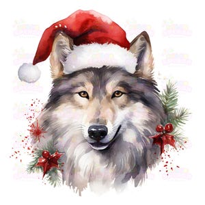 11 Cute Watercolor Christmas Wolf Wearing Santa Hat | Festive Wolf ...