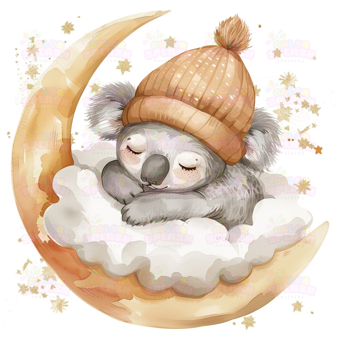15 Cute Baby Animals Sleeping on Cloud With Crescent Moon, Watercolor ...
