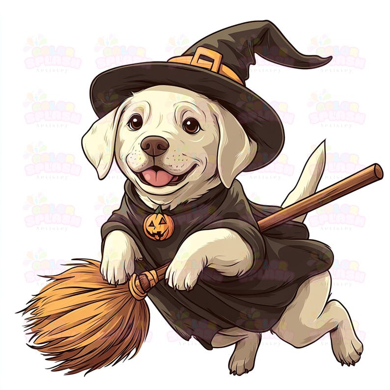 10 Cute White Labrador Dog as Halloween Witch on Broom | Spooky Clipart ...