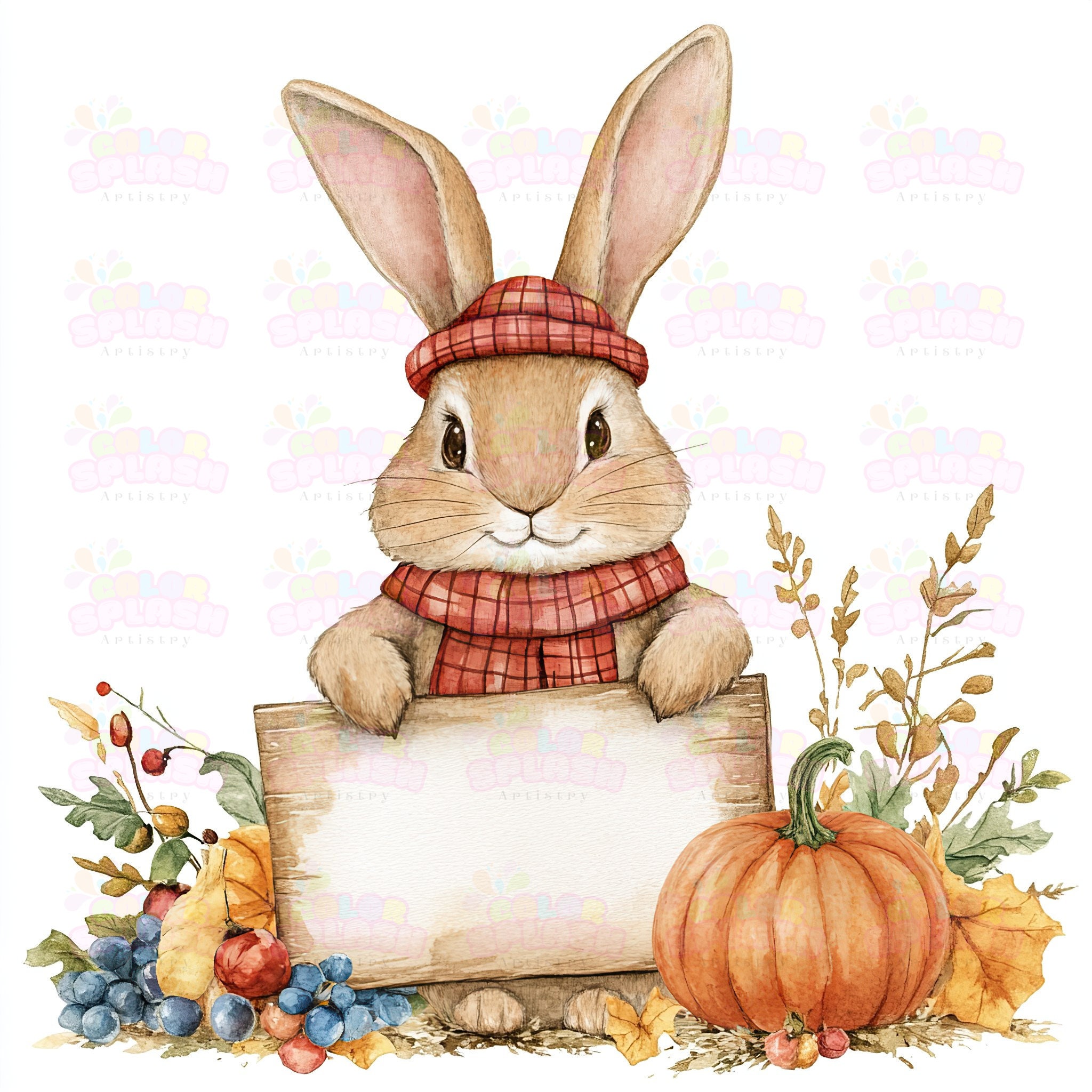 12 Watercolor Bunny Clipart With Harvest-themed Sign, Fall Decor ...