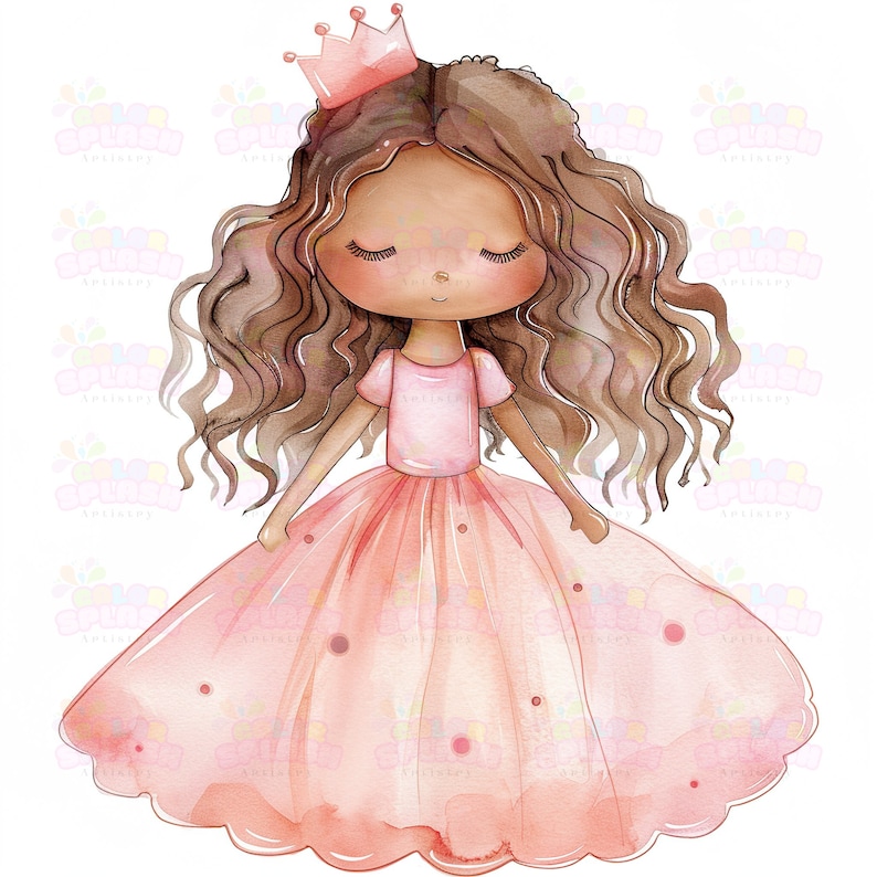 15 Pretty Princess Clipart in Pink Dress, Watercolor Style, Neutral ...