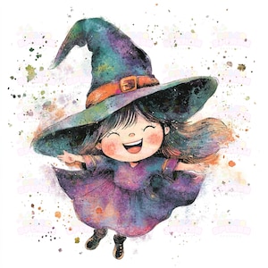 15 Fun Watercolor Witch Clipart - Laughing Witch Flying Through the Air ...