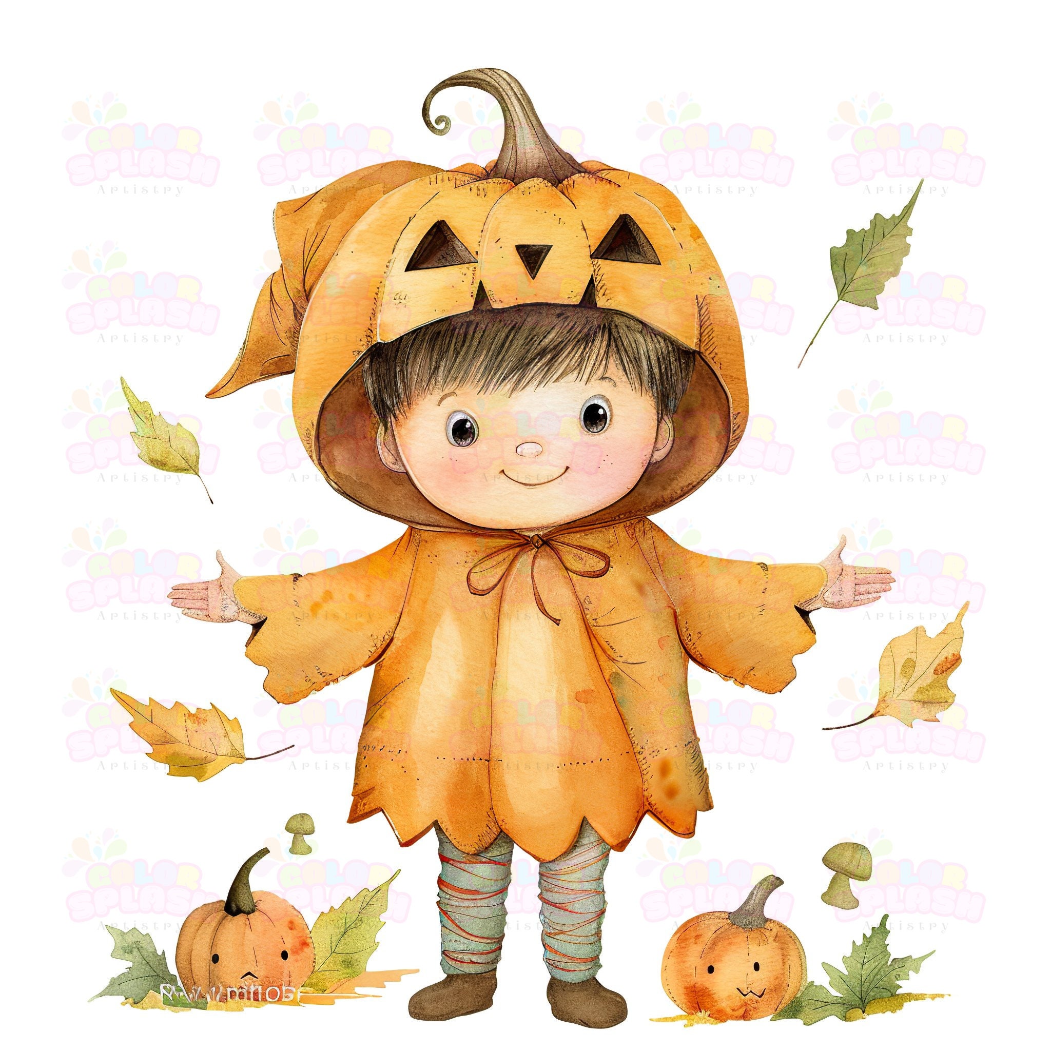 14 Cute Pumpkin Clipart, Watercolor Child Dressed as Pumpkin, Halloween ...