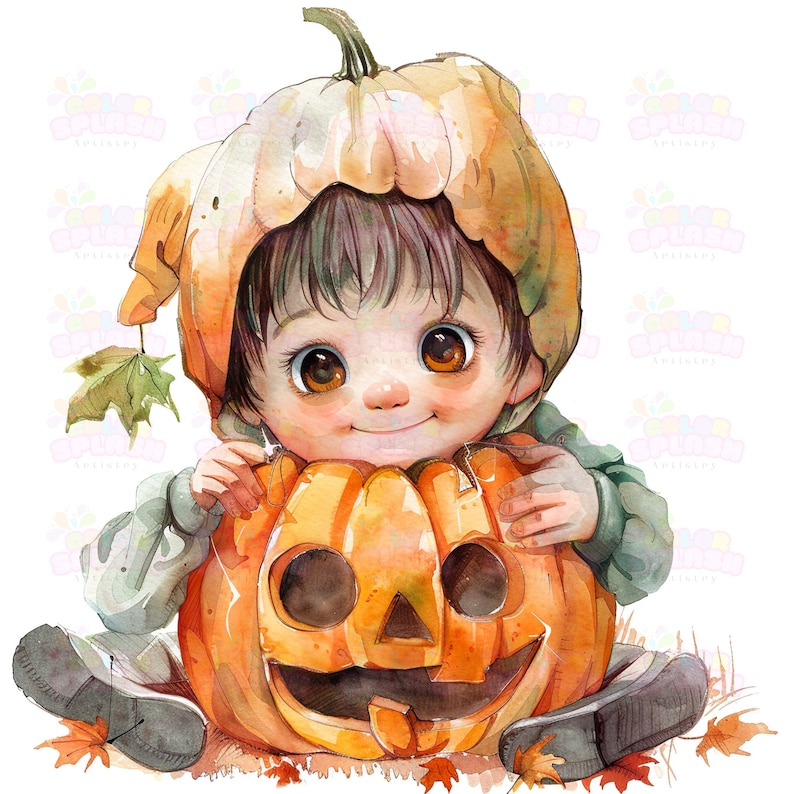 14 Cute Pumpkin Clipart, Watercolor Child Dressed as Pumpkin, Halloween ...