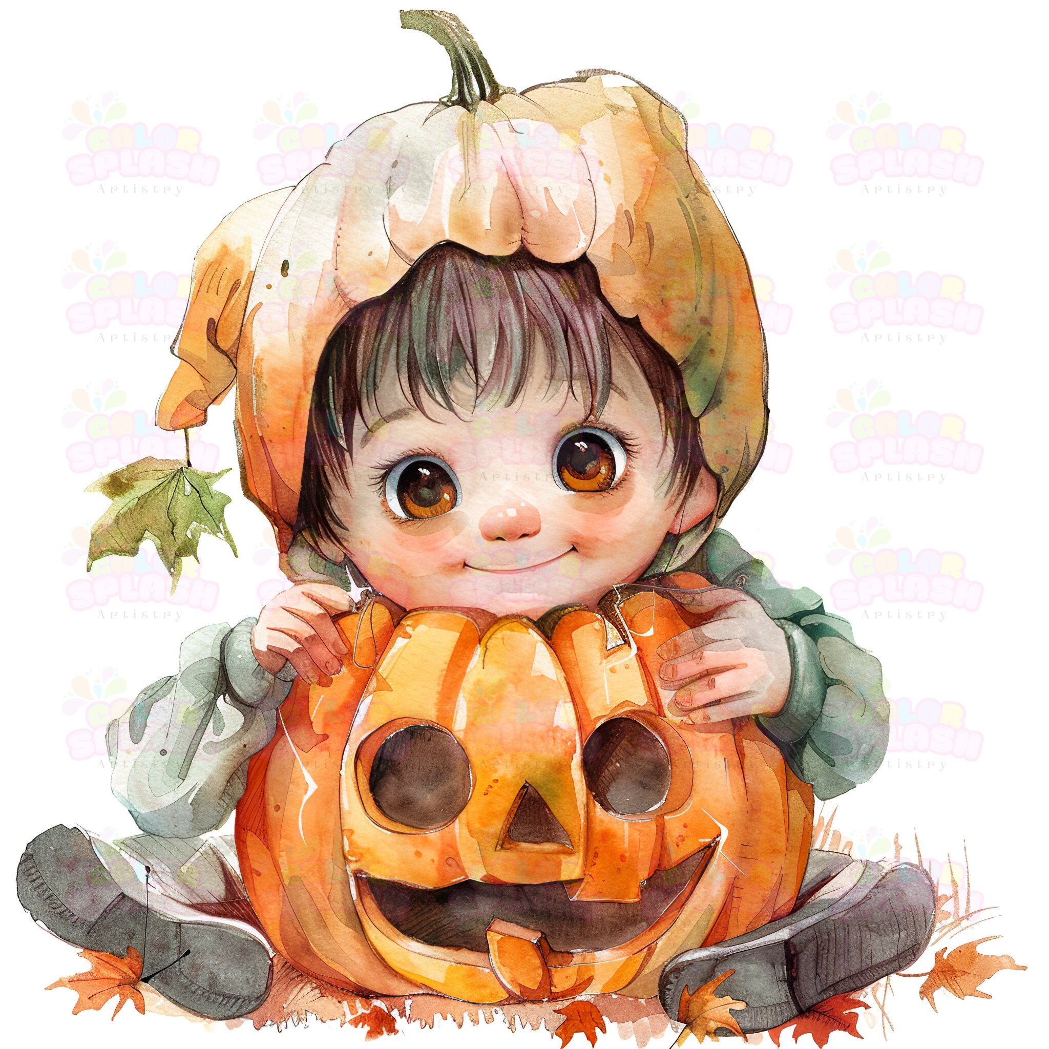 14 Cute Pumpkin Clipart, Watercolor Child Dressed as Pumpkin, Halloween ...