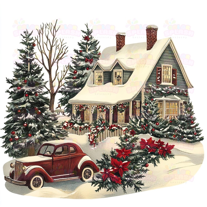 19 Vintage Christmas House Illustration | 1940s Christmas Village Art ...