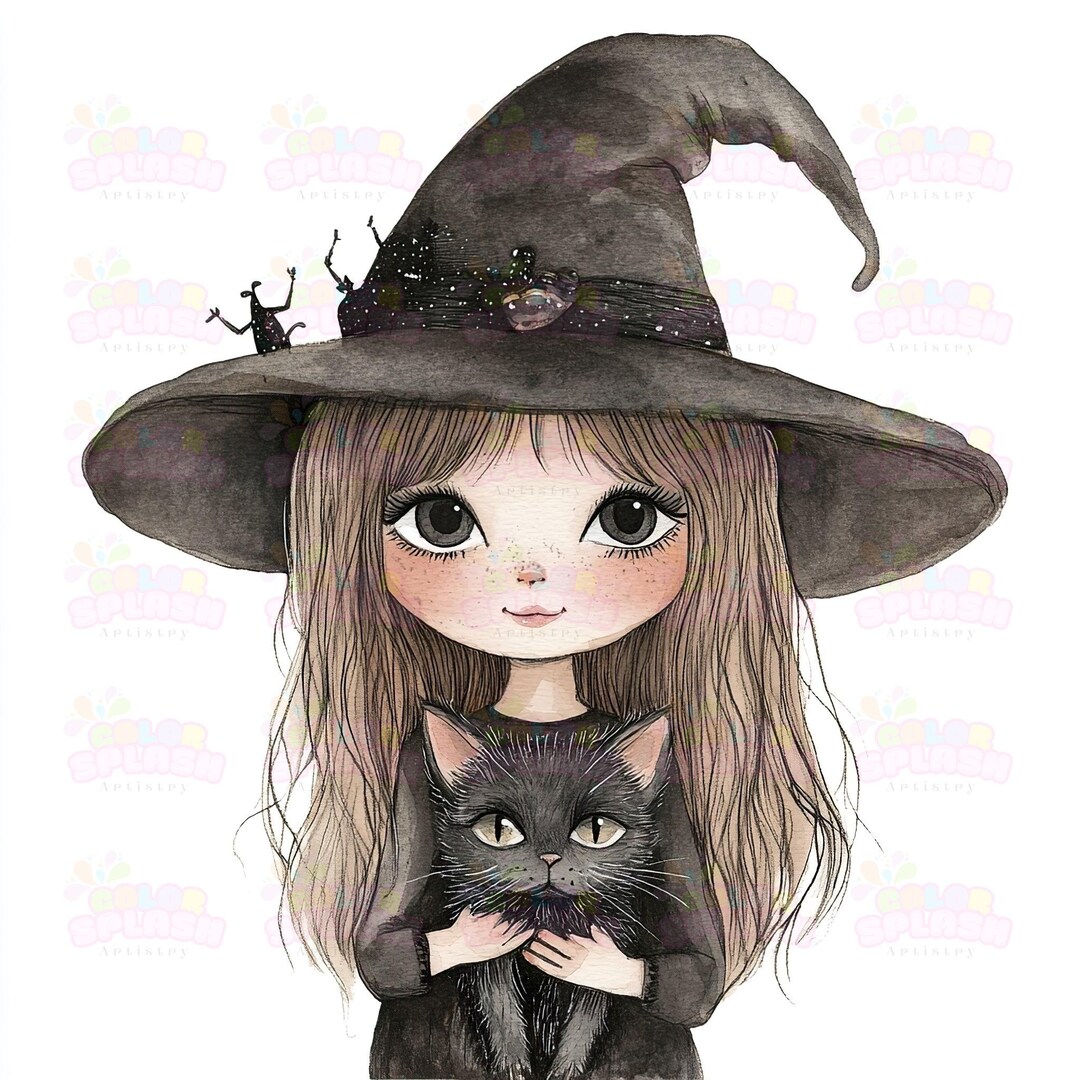 16 Watercolor Cartoon Sister Witch With Kitten | Cute Witch Art ...