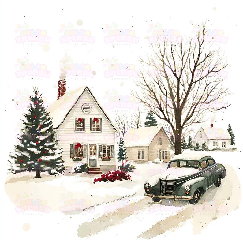 19 Vintage Christmas House Illustration | 1940s Christmas Village Art ...