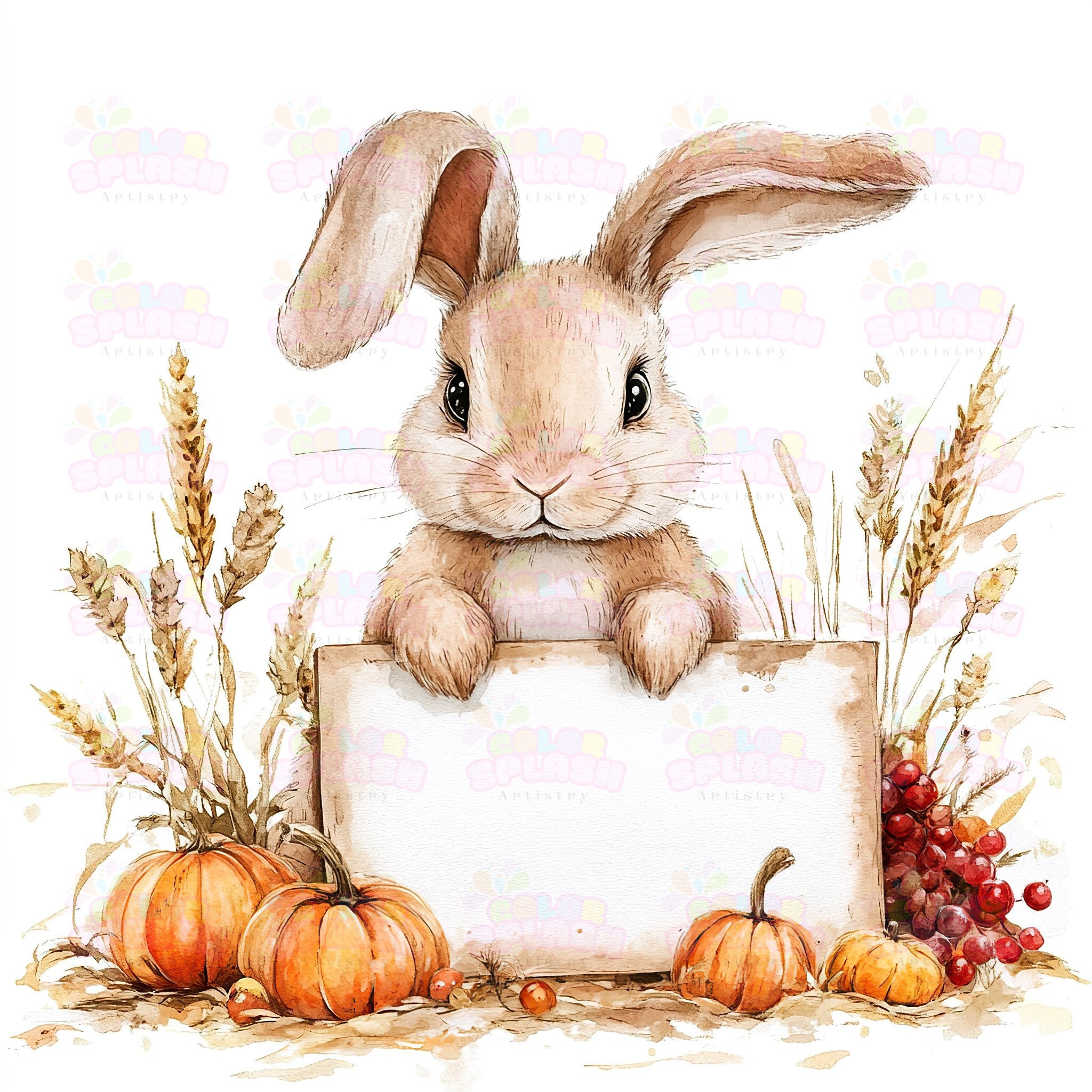 12 Watercolor Bunny Clipart With Harvest-themed Sign, Fall Decor ...