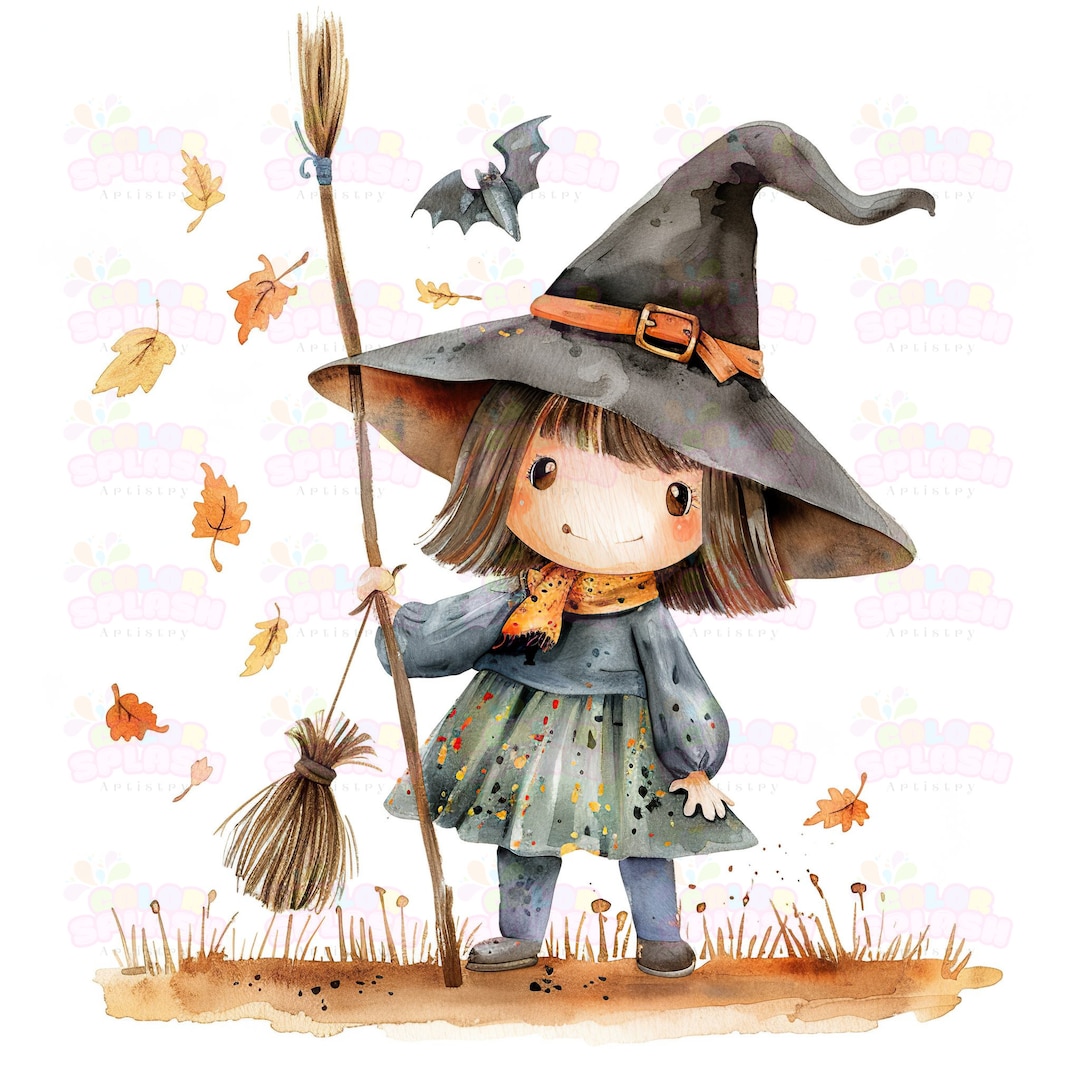 14 Watercolor Witch Clipart, Child Witch With Broomstick, Cute ...