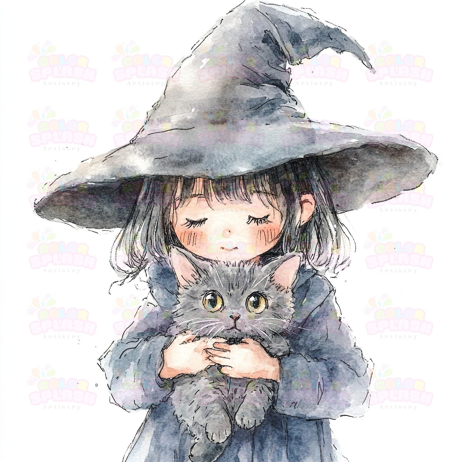16 Cute Wizard Girl With Pointed Hat and Grey Kitty Cat - Pastel ...