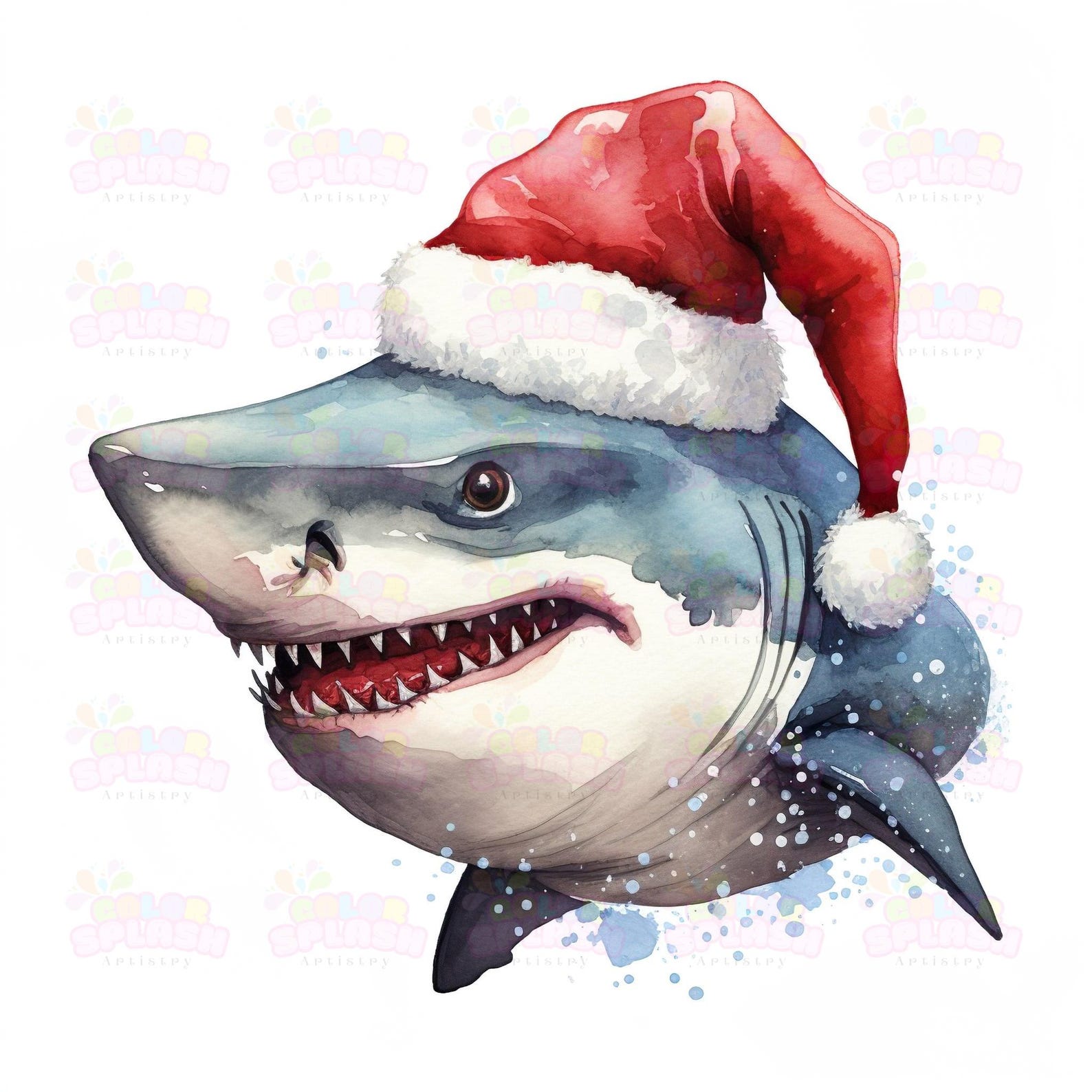 11 Adorable Christmas Shark Art | Watercolor Shark Wearing Santa Hat ...