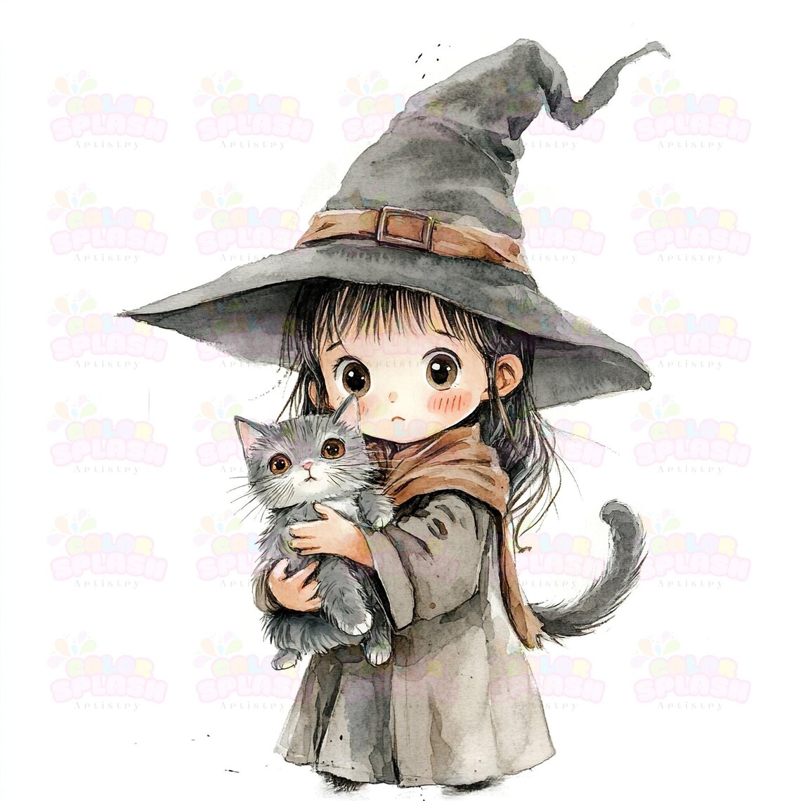 16 Cute Wizard Girl With Pointed Hat and Grey Kitty Cat - Pastel ...