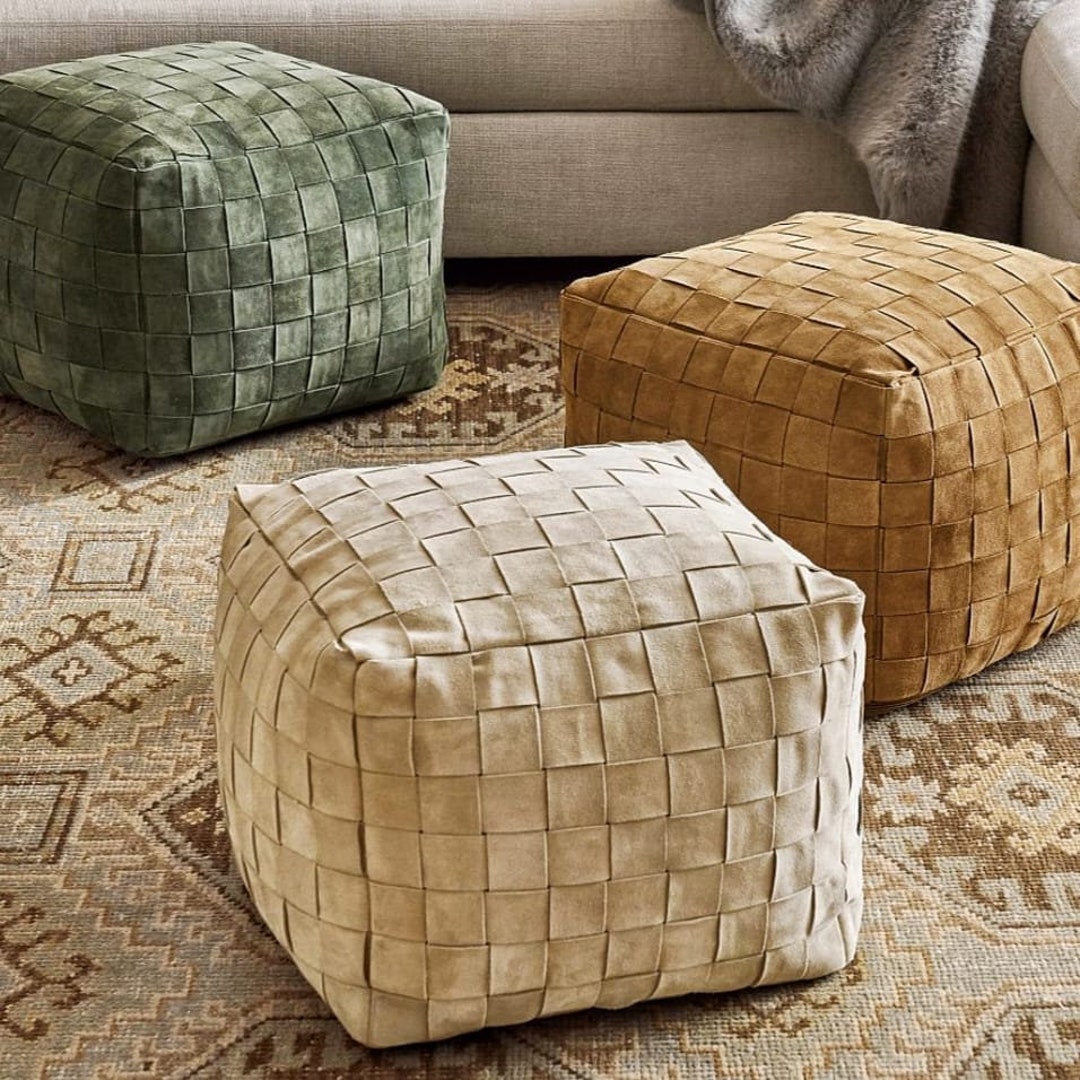 Suede Pouf Cover/leather Pouf Cover/handcrafted Pouf Cover/ottoman Pouf ...