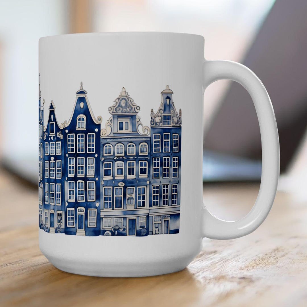 Coffee Mug 15oz Amsterdam Canal Houses Watercolor Delft Blue Style ...