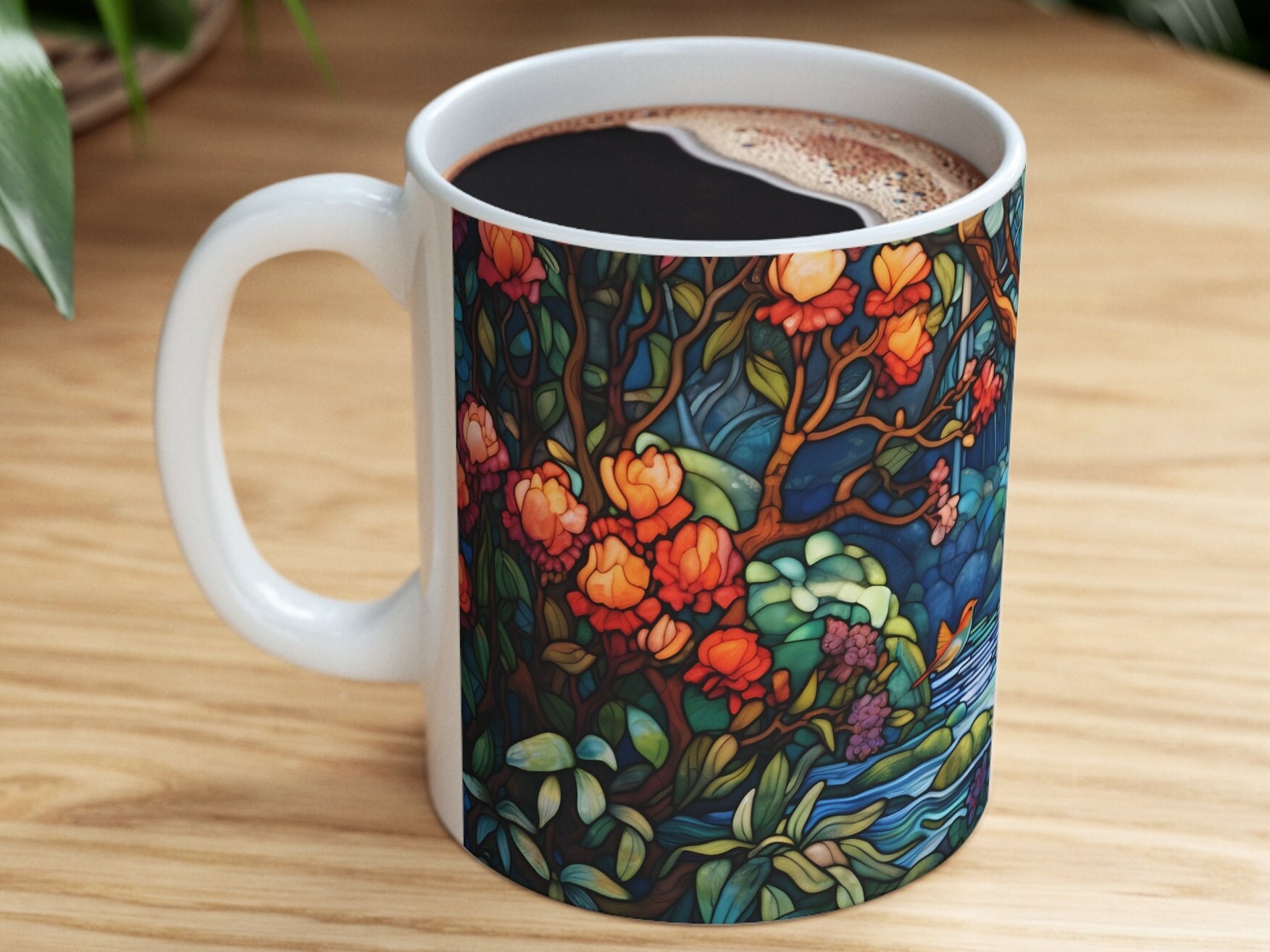 Coffee Mug Stained Glass Garden Blooming Flowers Stream Tree Bird ...
