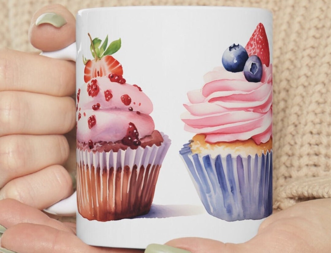 Coffee Mug Cupcakes Frosted Bakery Watercolor Style Culinary Art ...