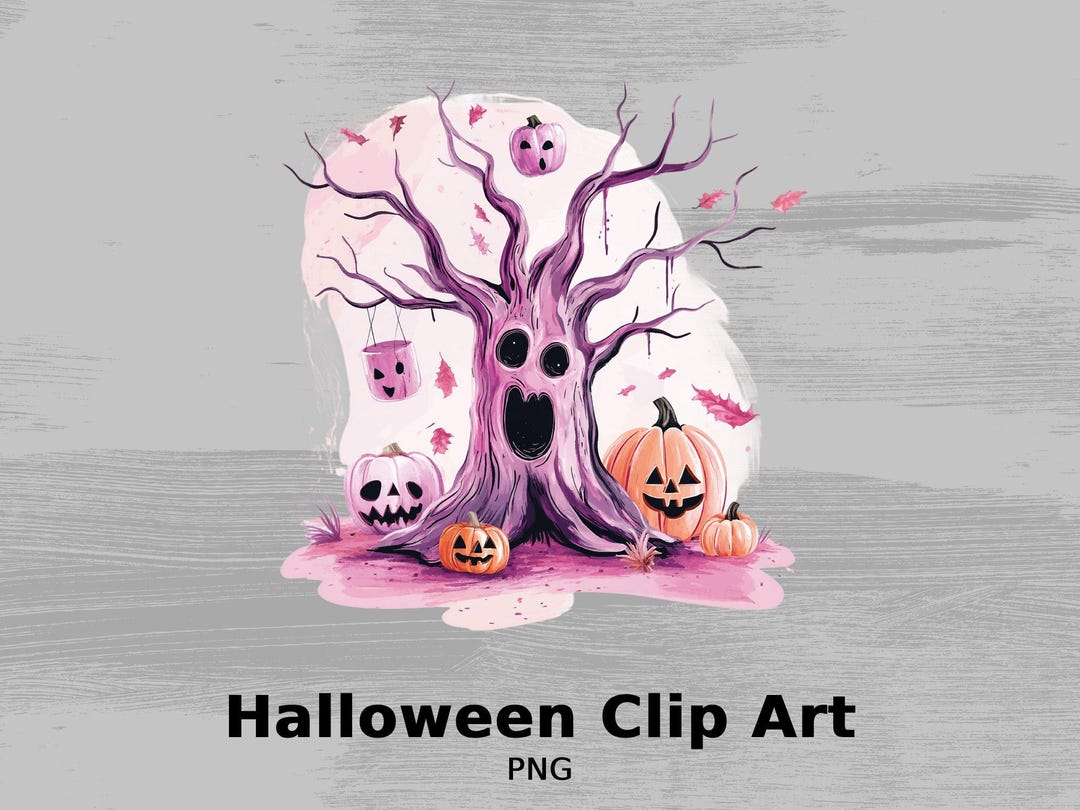 Spooky Halloween Clip Art, Haunted Tree With Pumpkins Clip Art, Digital ...