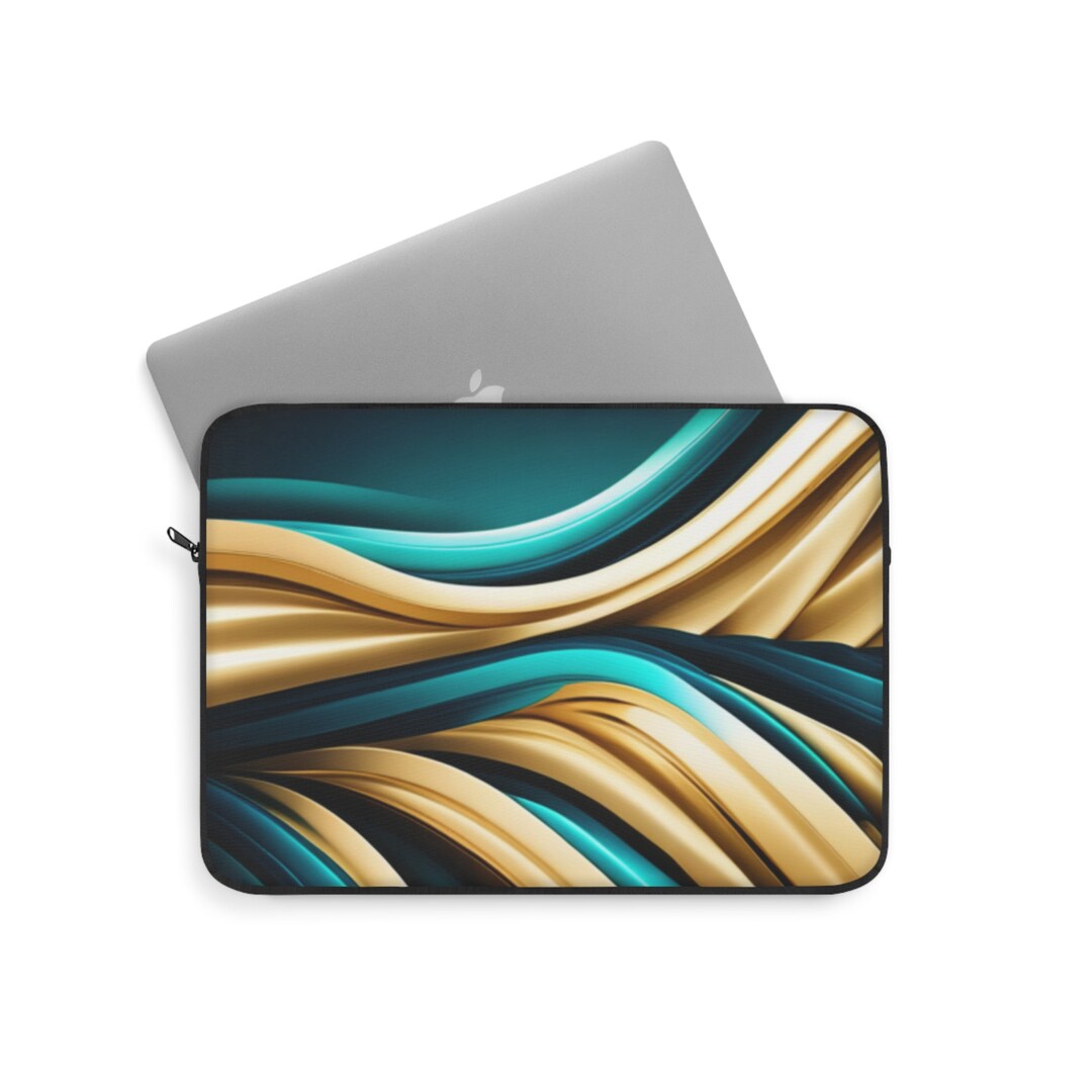 Laptop Sleeve Cover With a Stylish Abstract Design of Wavy Patterns in Yellow and Turquoise ...