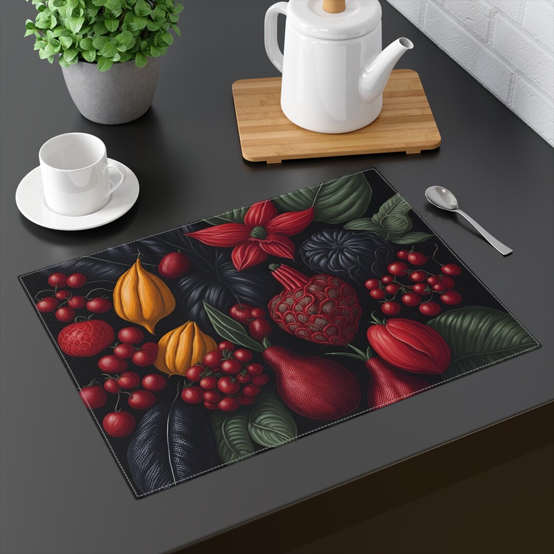 Placemat With Elegant Red Tropical Flowers and Fruits, Multicolor ...