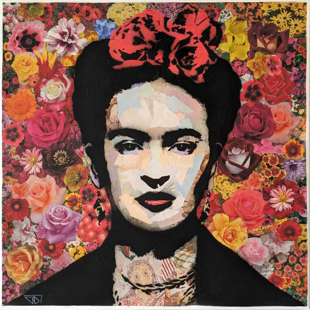 Stencil Painting and Collage of Frida Kahlo, Portrait of the Mexican ...