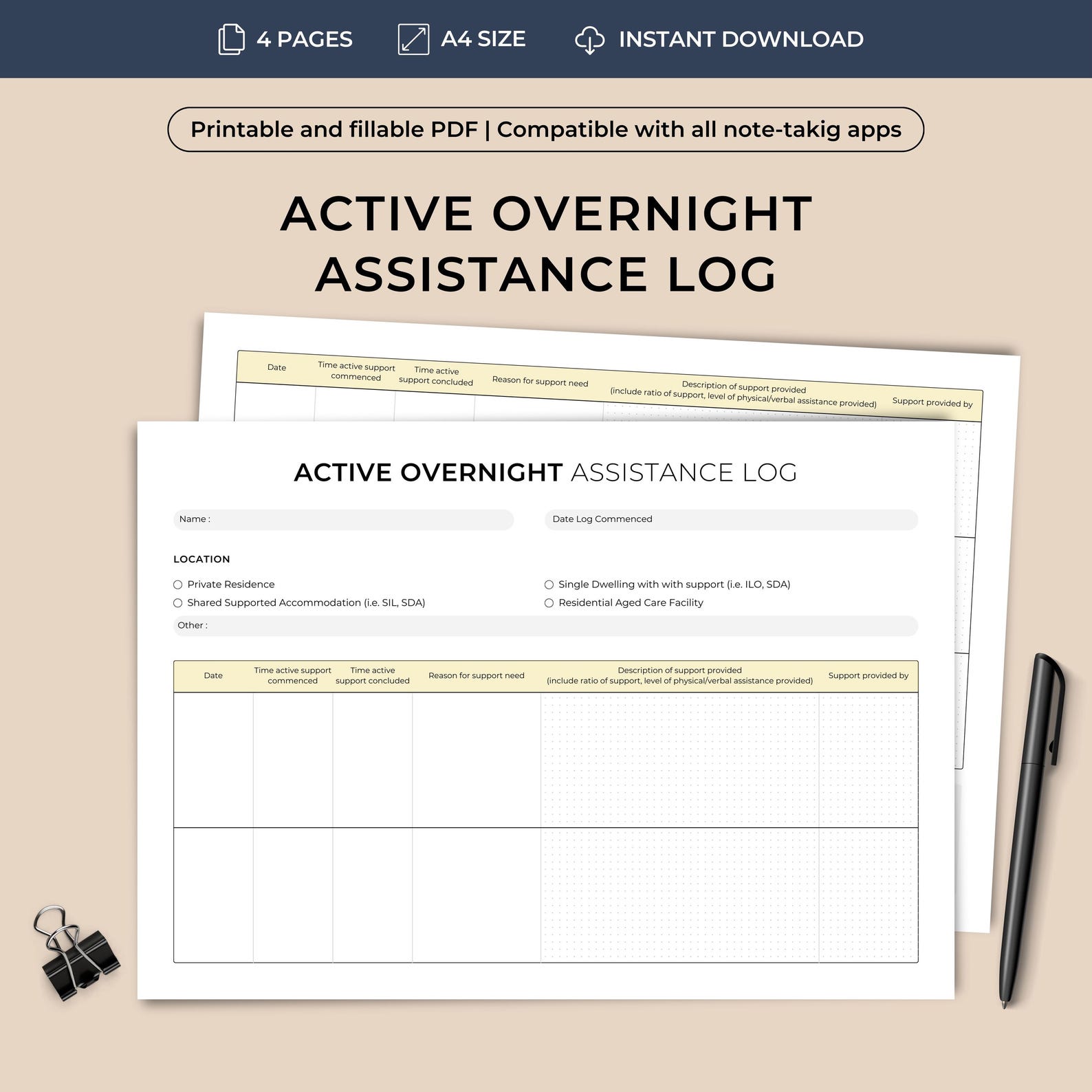 NDIS Active Overnight Assistance Log | Printable & Editable PDF ...