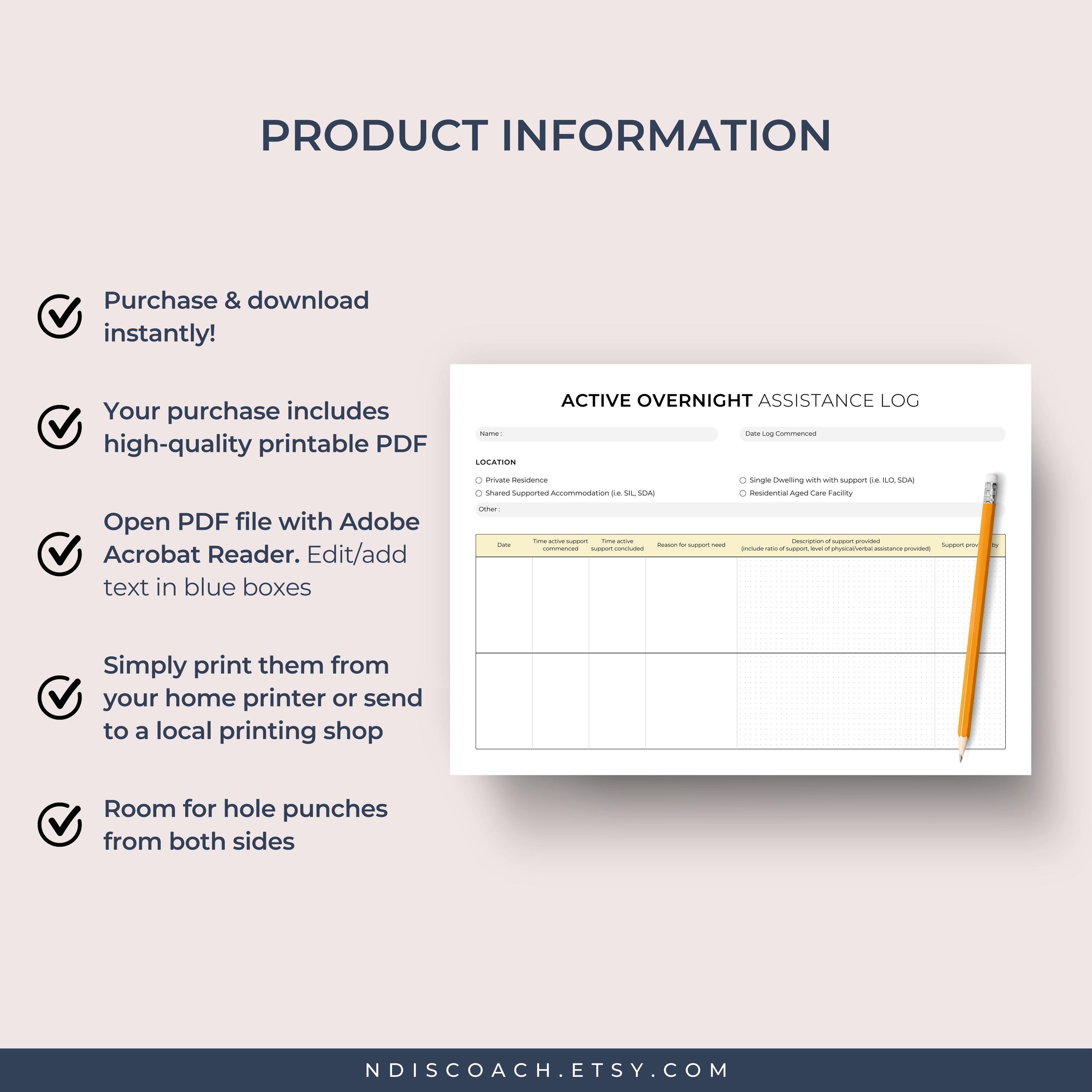 NDIS Active Overnight Assistance Log | Printable & Editable PDF ...