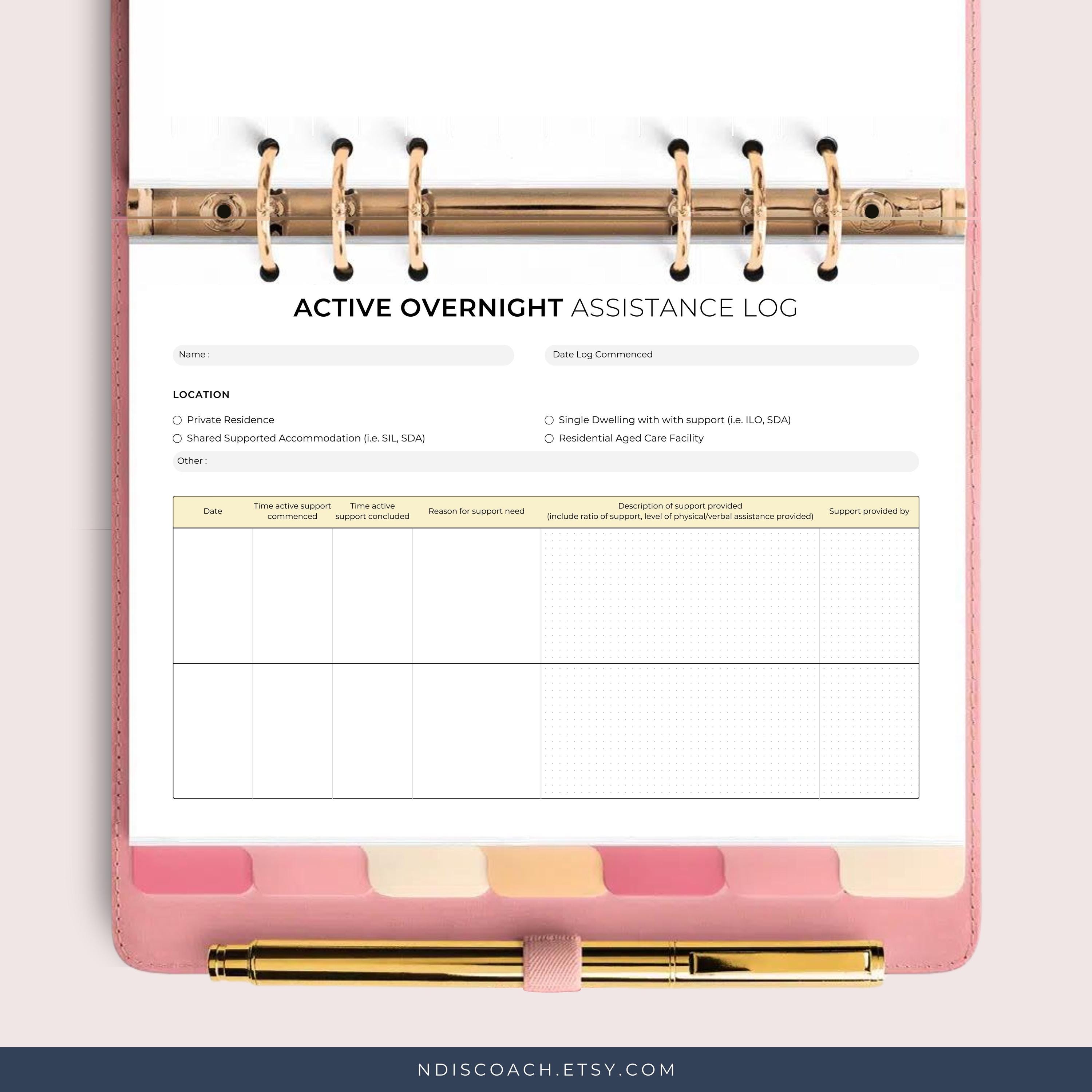 NDIS Active Overnight Assistance Log | Printable & Editable PDF ...