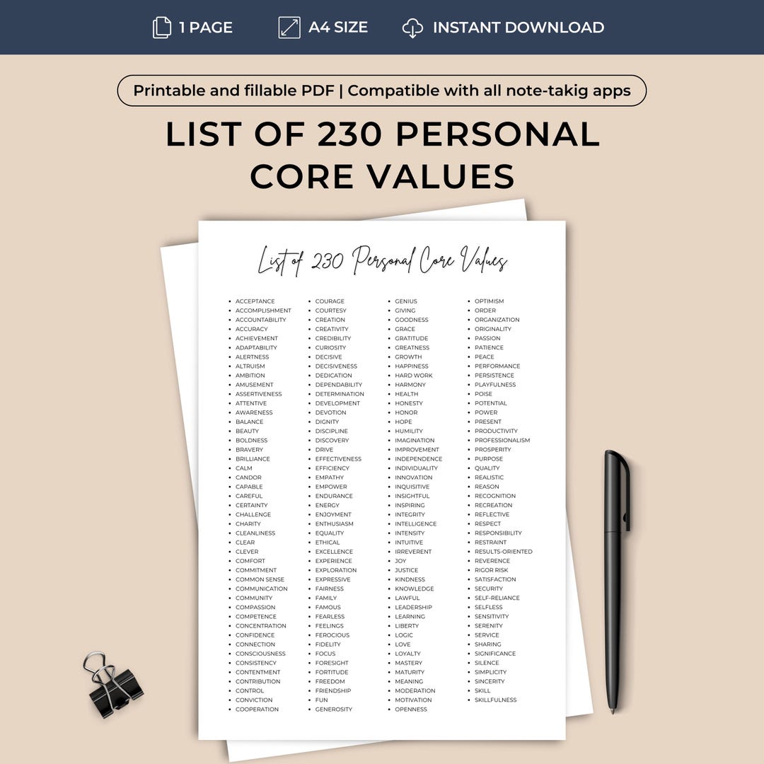 230 Personal Core Values Worksheet | Printable & PDF Editable | Growth ...