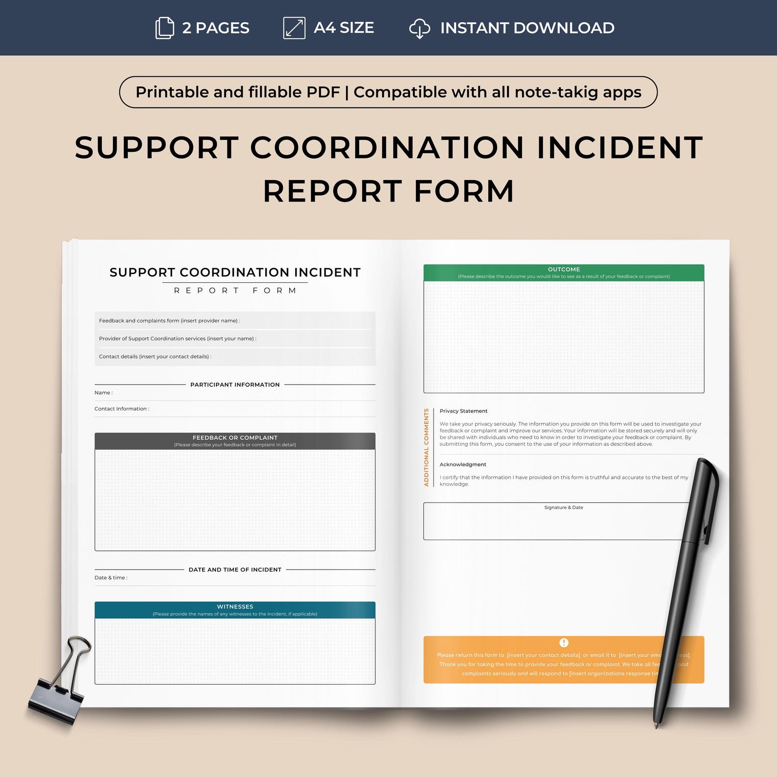 NDIS Support Coordination Incident Report Form (printable & Editable ...