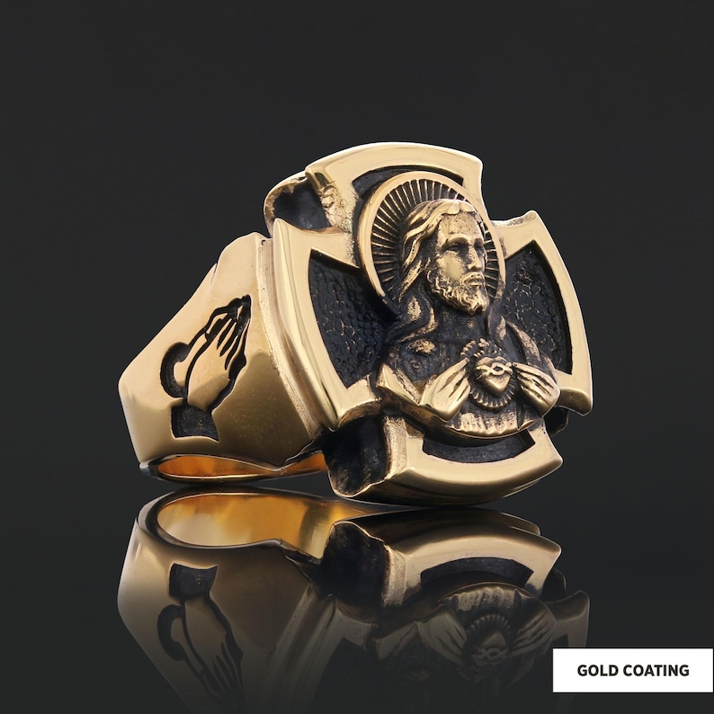 Sacred Heart of Jesus Ring for Men, Christian Signet Ring With Praying ...