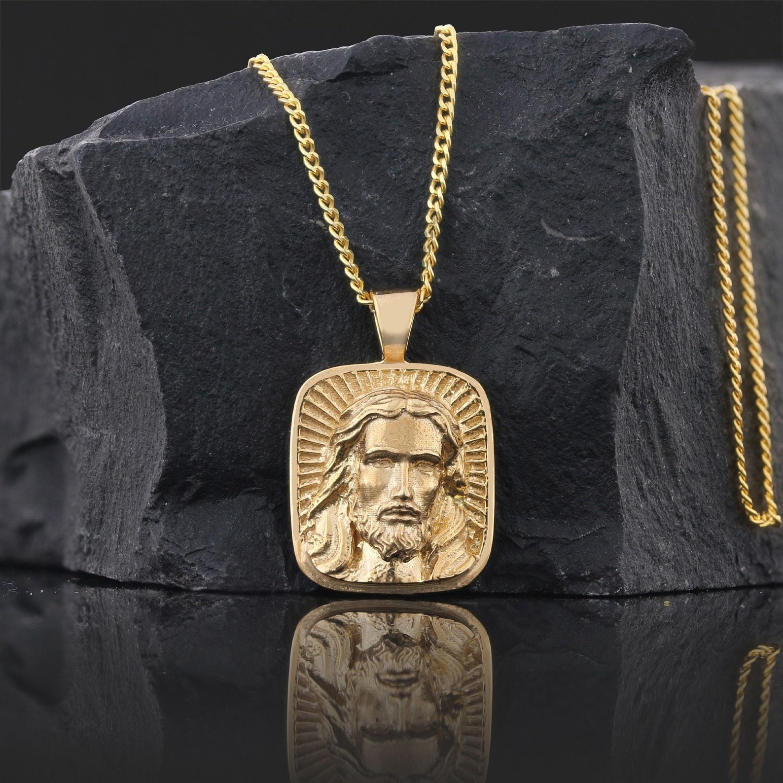 Square Jesus Necklace, Messiah Pendant, Religious Necklace, Gold Plated ...
