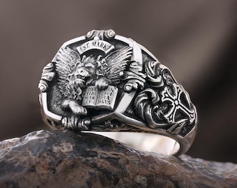 Saint Mark Lion Ring, Evangelist Lion Cross Pattern Signet Ring, 925 ...