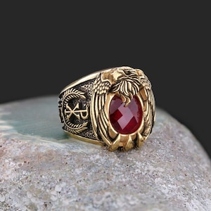 Christian Chi Rho Ring, Personalized Cross Ring, Silver Ruby Stone Signet Ring, Religious ...