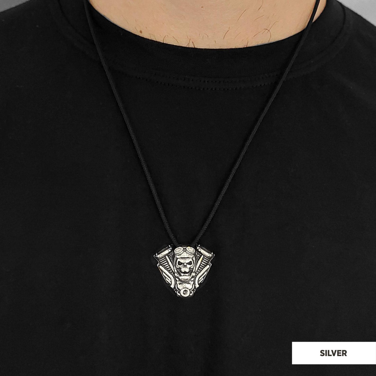 Motorhead Skull Pendant, Motorcycle Club Necklace, V-twin Engine With ...