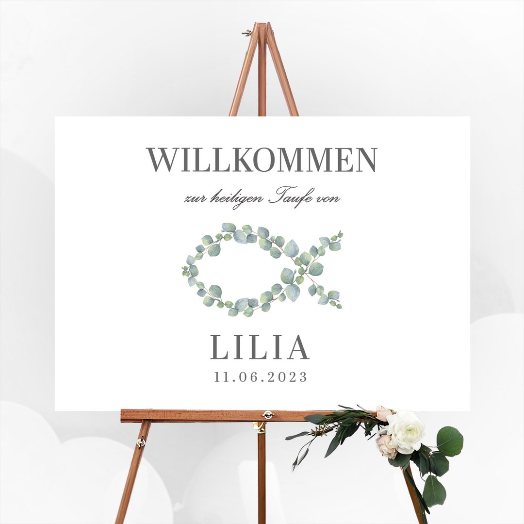 Willkommensschild für die heilige Taufe mit Eukalyptus und Fisch ...