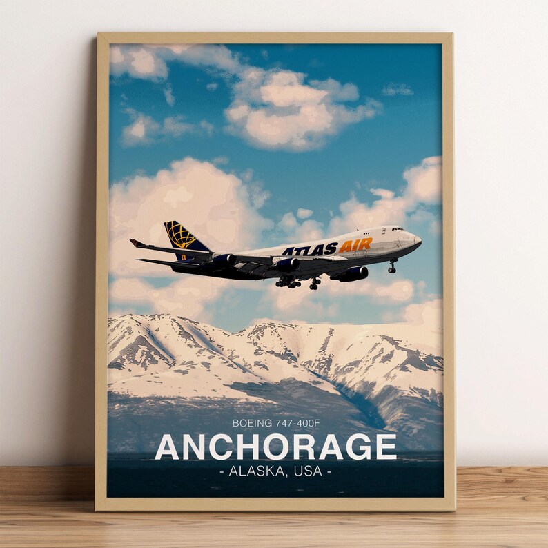 Atlas Air Boeing 747 Poster | Anchorage Alaska Landscape | Aviation Art ...