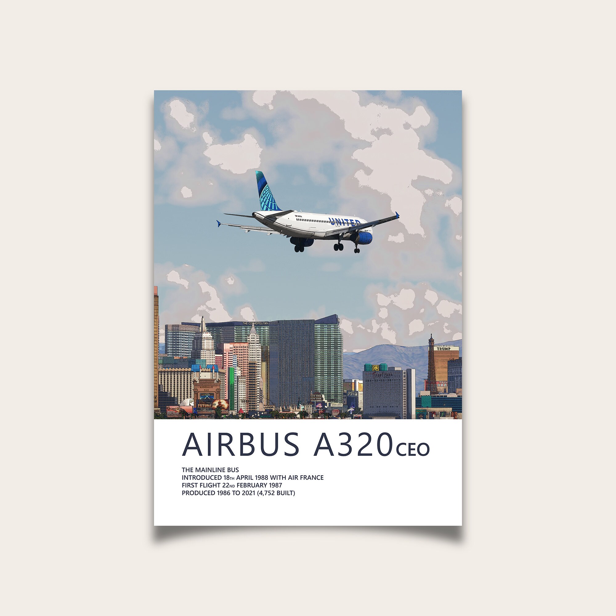 United Airlines Airbus A320 Poster Las Vegas Skyline Plane Art for ...