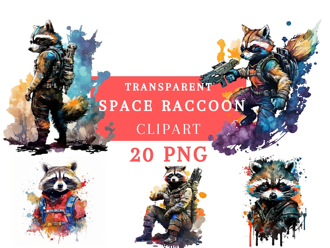 Space Raccoon Clipart Bundle 20 Banner Pngs Watercolor Guardians Galaxy Raccoon Fantasy Instant ...