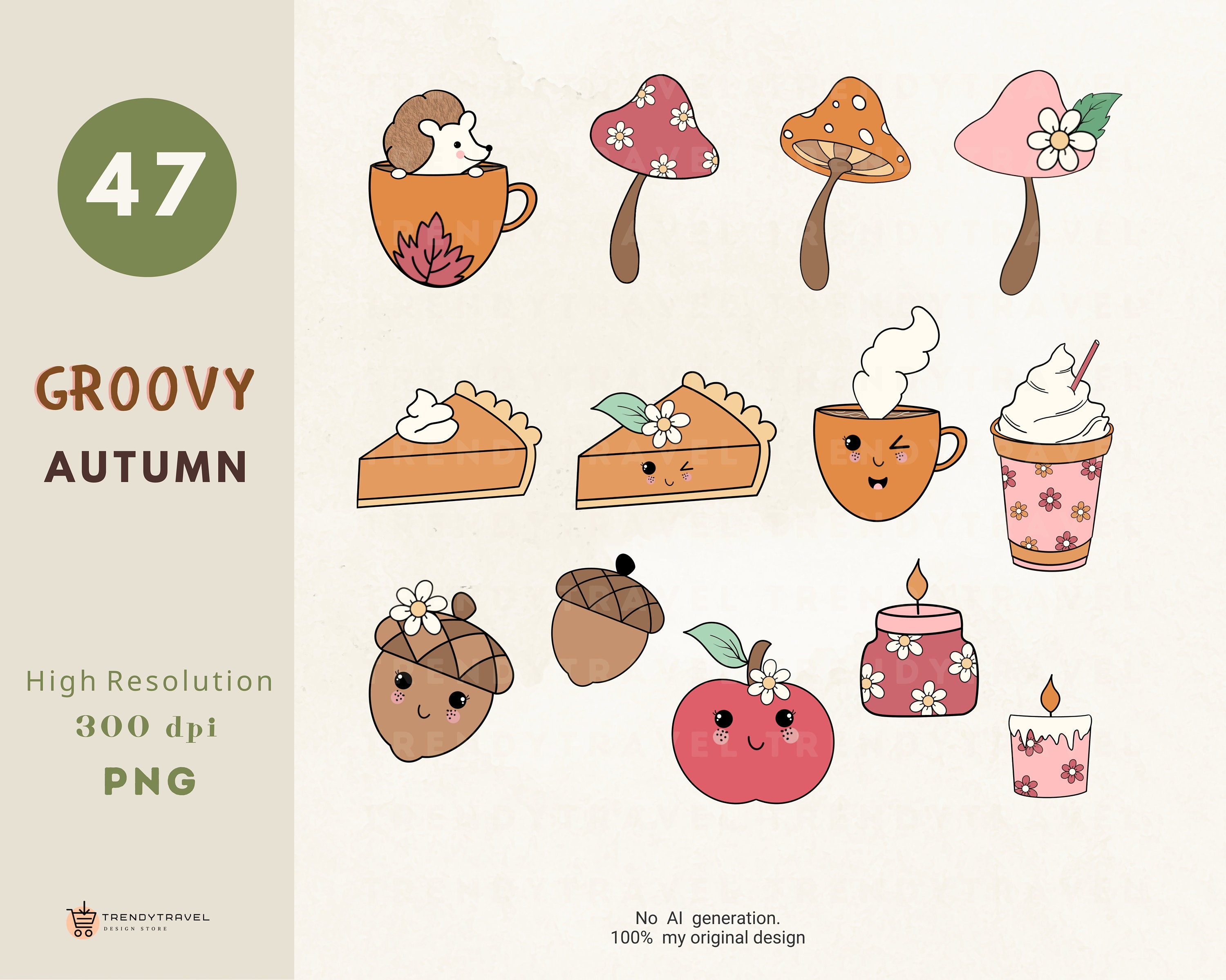 Groovy Retro Autumn Clipart, Fall Clipart, Autumn Png, Thanksgiving Png ...