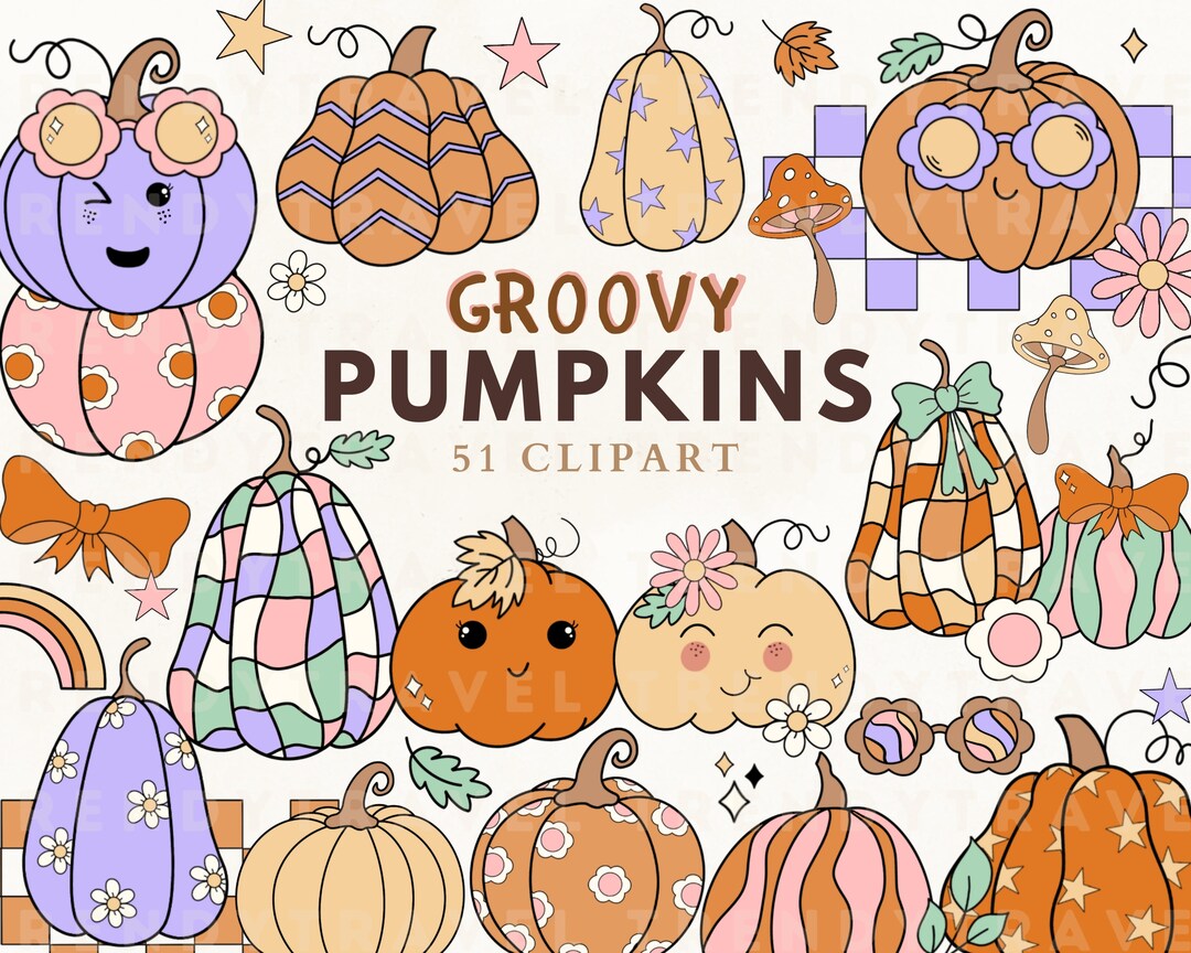 Retro Groovy Pumpkin Clipart, Halloween Clipart, Autumn Png, Trendy ...
