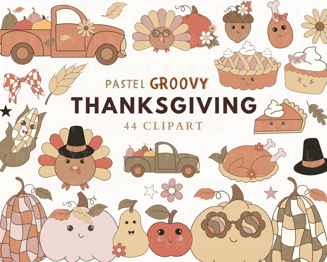 Pastel Groovy Thanksgiving Clipart, Thanksgiving Png, Retro Clipart ...