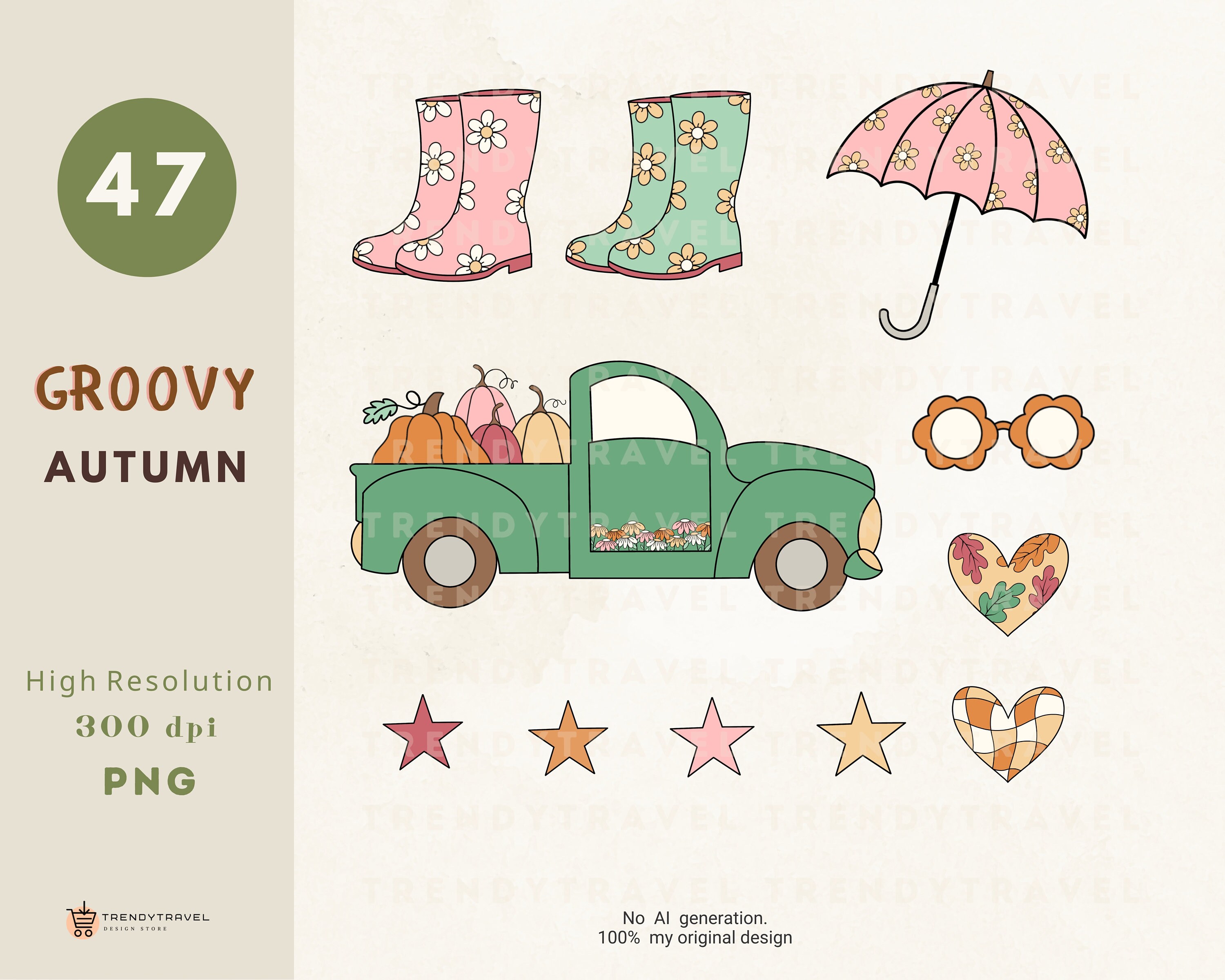 Groovy Retro Autumn Clipart, Fall Clipart, Autumn Png, Thanksgiving Png ...