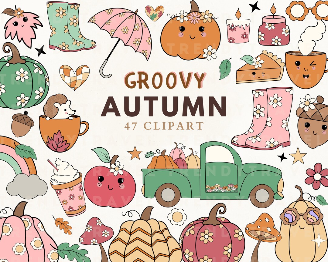 Groovy Retro Autumn Clipart, Fall Clipart, Autumn Png, Thanksgiving Png ...
