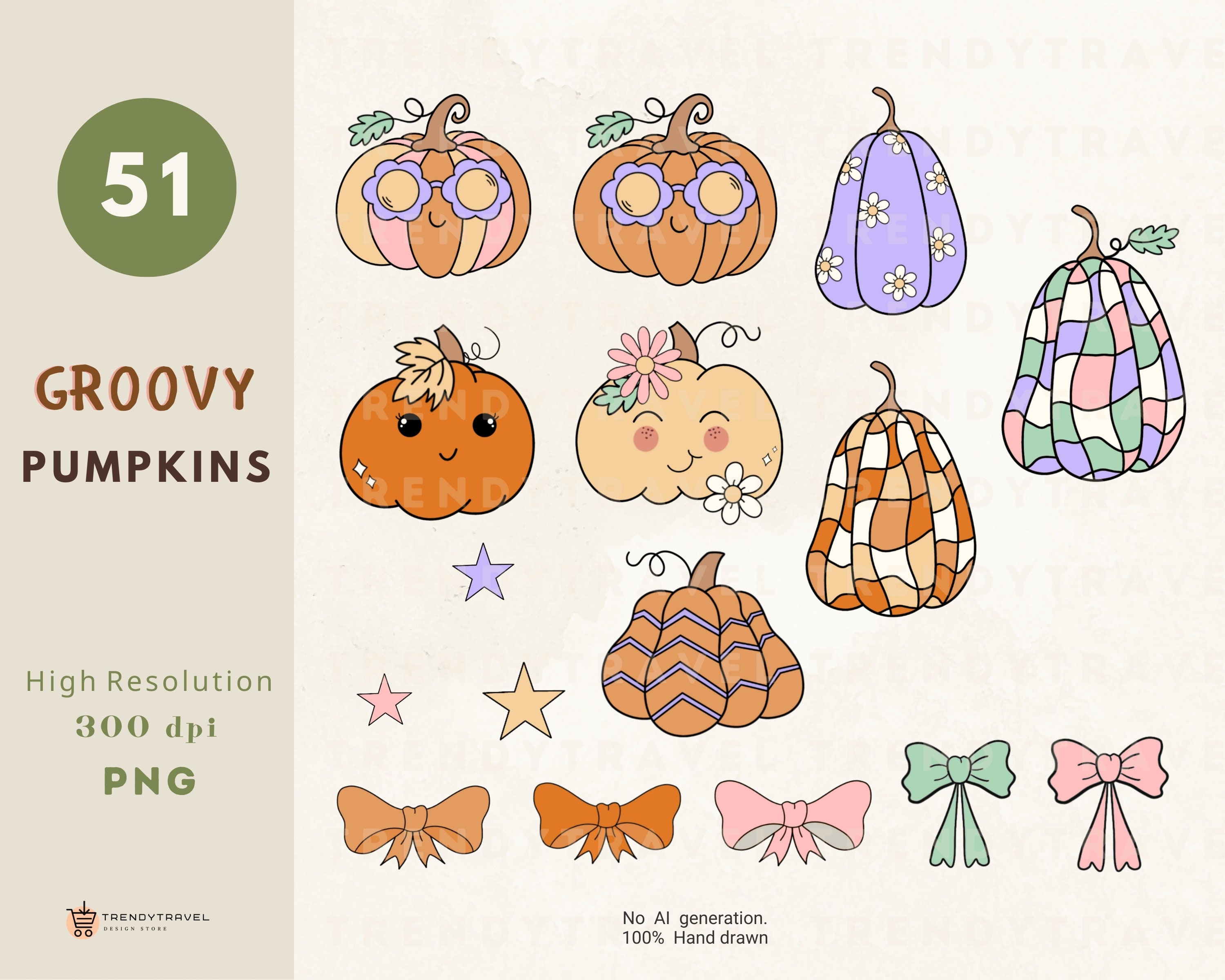Retro Groovy Pumpkin Clipart, Halloween Clipart, Autumn Png, Trendy ...