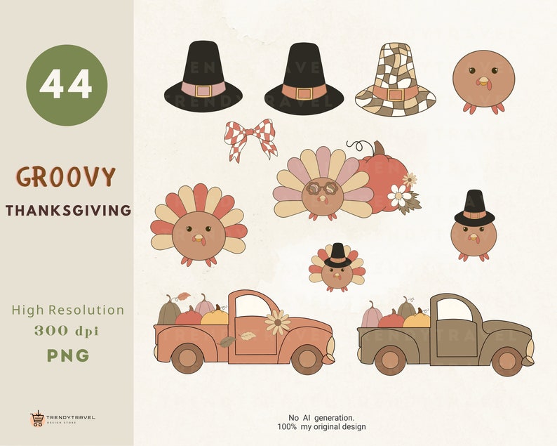 Pastel Groovy Thanksgiving Clipart, Thanksgiving Png, Retro Clipart ...