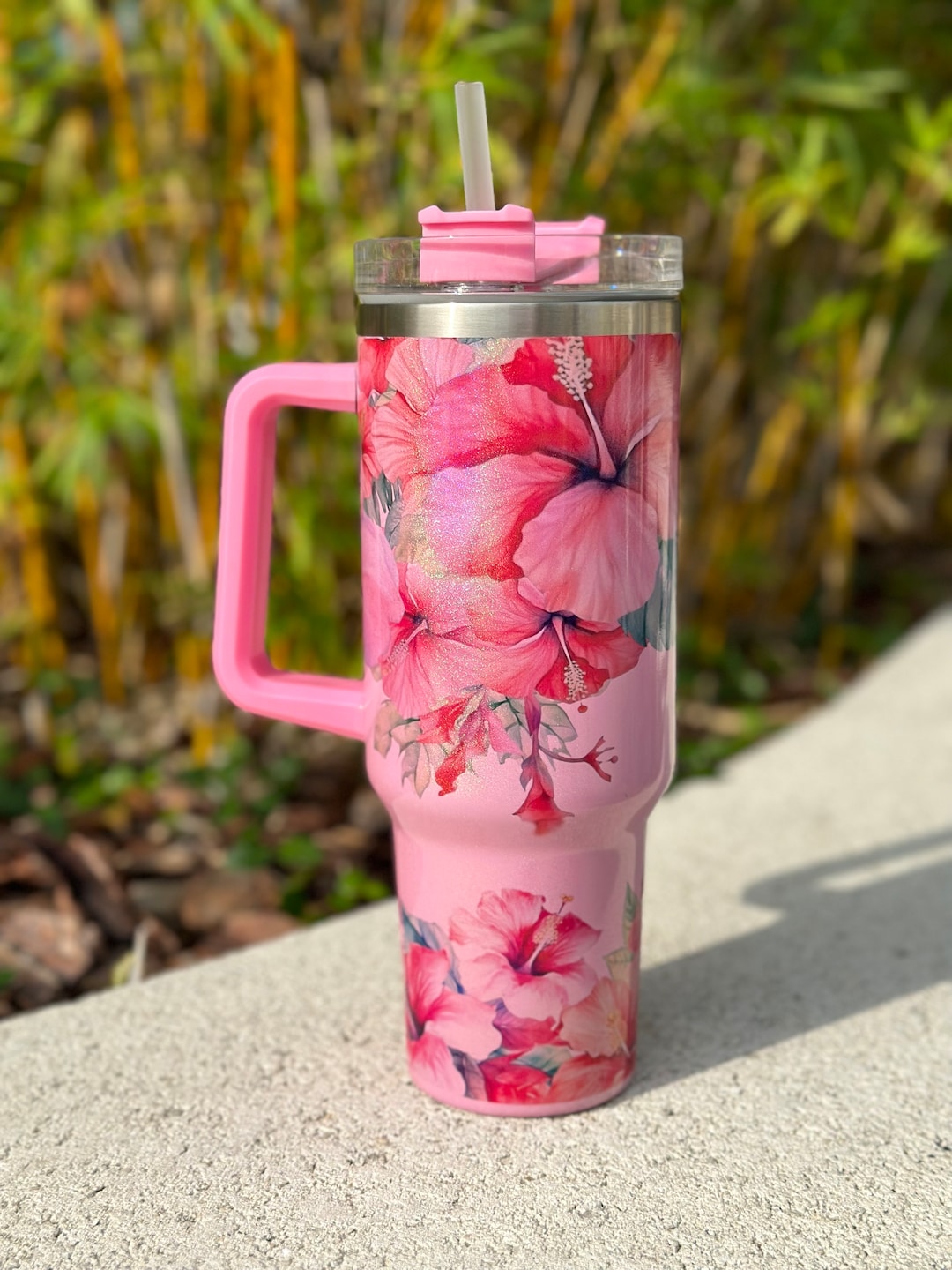 Floral Tumbler, Flowers, 40oz, Shimmer Pink, Travel Tumbler , Hawaiian ...